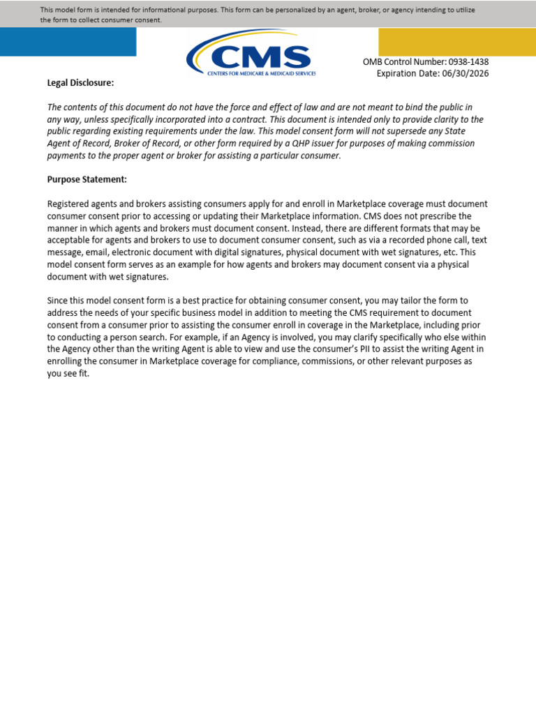 CMS Model Consent Form for Agents | PDF | Consent