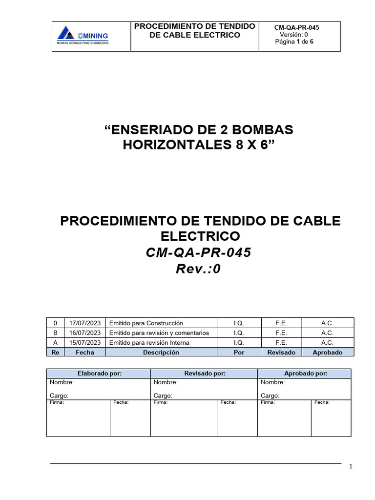 CM-QA-PR-045 Procedimiento de Tendido de Cable Electrico | PDF | Conductor electrico | Electricidad