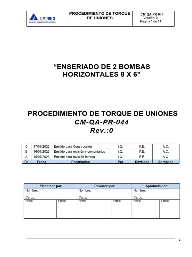 CM-QA-PR-044 Procedimiento de Torque de Uniones | PDF | Hogar y jardín | Computadoras