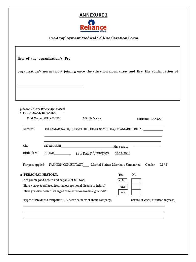 Medical Form - Self Declaration Format 0 | PDF | Clinical Medicine | Diseases And Disorders