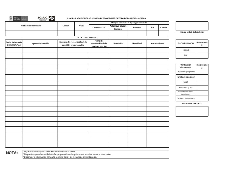 Planilla Control de Servicio IGAC 2024 | PDF