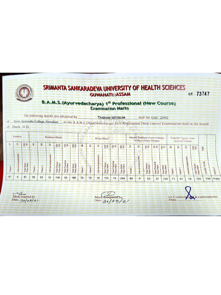BAMS 1st Proff Marksheet | PDF