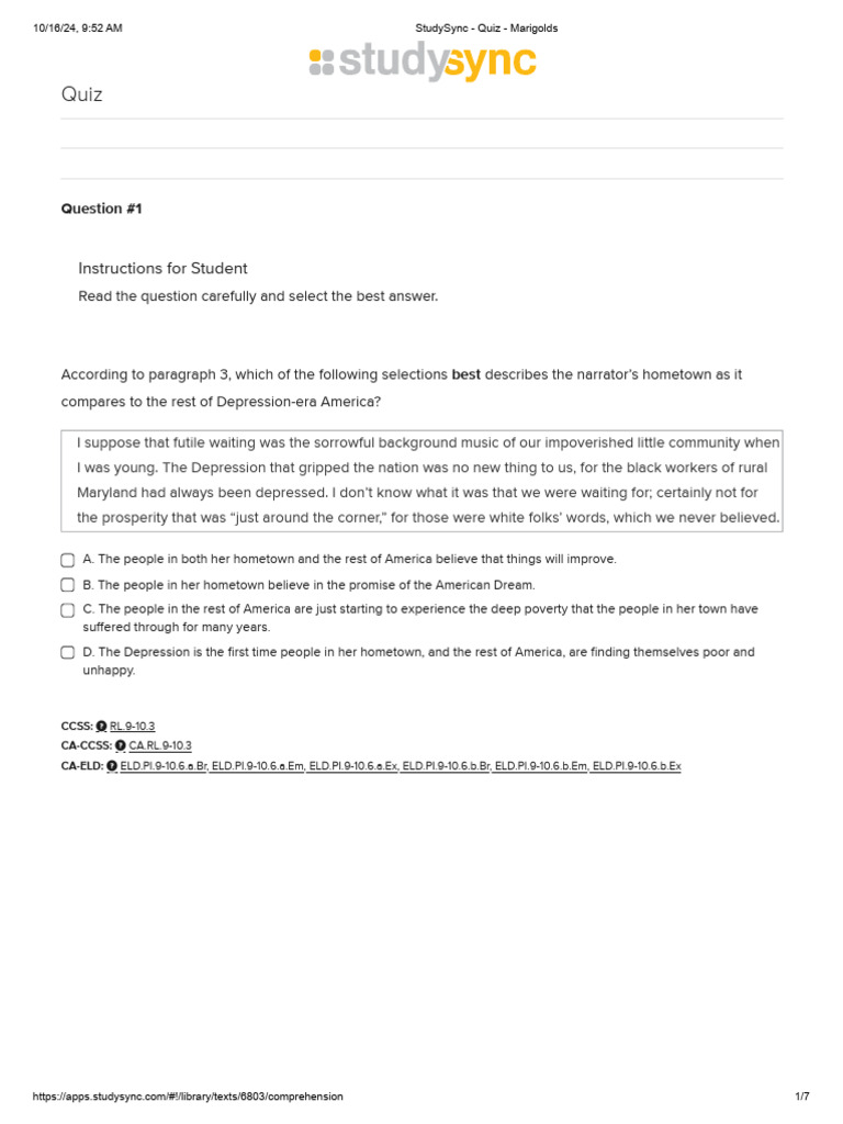 StudySync - Quiz - Marigolds | PDF