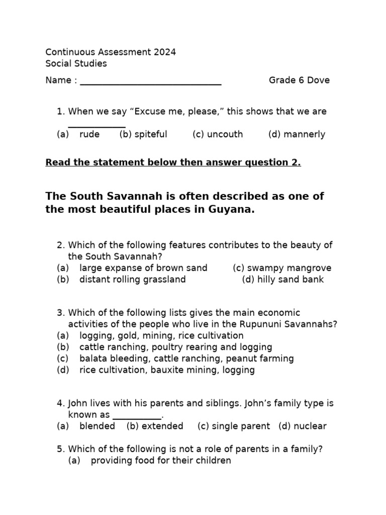 Grade 6 Social Studies Quiz | PDF | Guyana | Agriculture