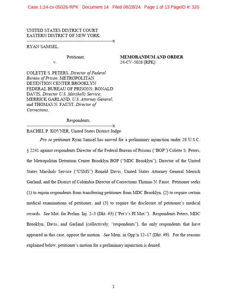 RYAN SAMSEL vs. MERRICK GARLAND BOP, EDNY Denial of Preliminary ...