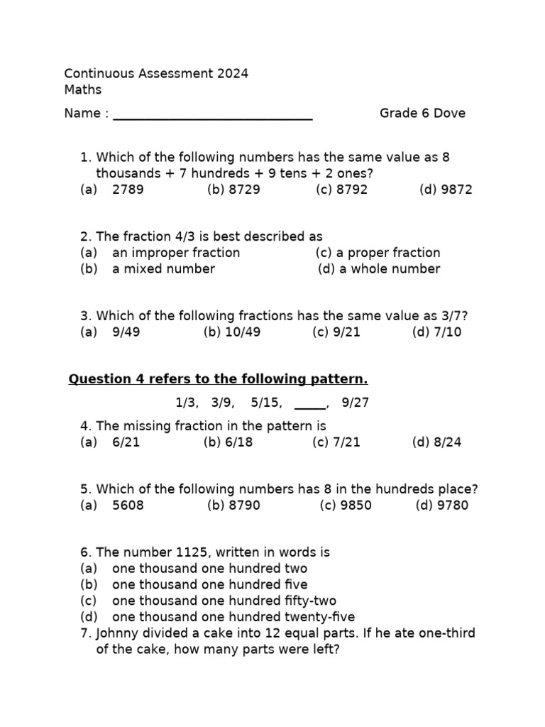 Maths Continuous Assessment | PDF | Division (Mathematics) | Algebra