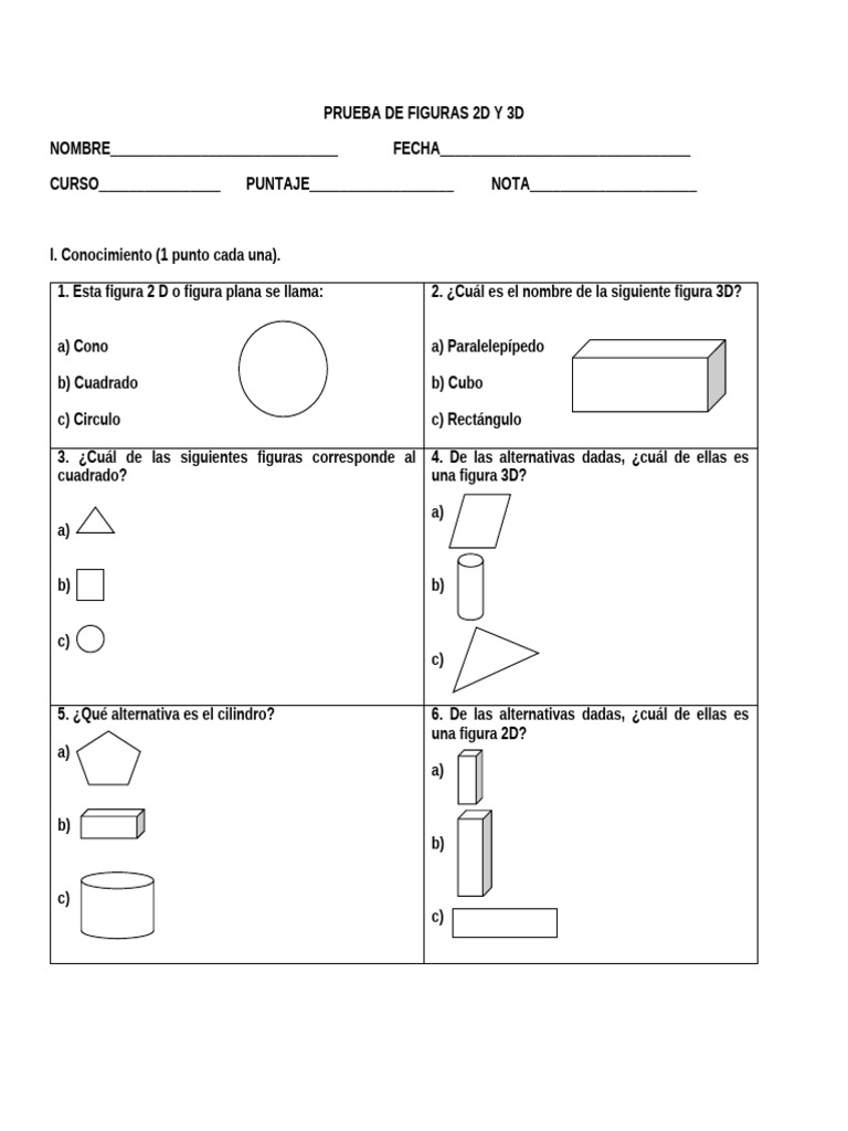 Prueba de 2D y 3D Primero Basico | PDF | Geometría Elemental ...
