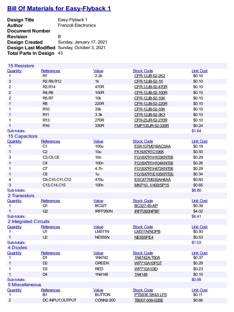 Bill of Materials Easy-Flyback | PDF | Electronic Engineering ...