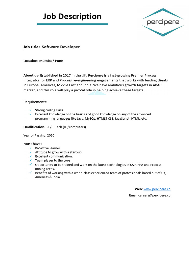 JD Software Developer Percipere 1 | PDF