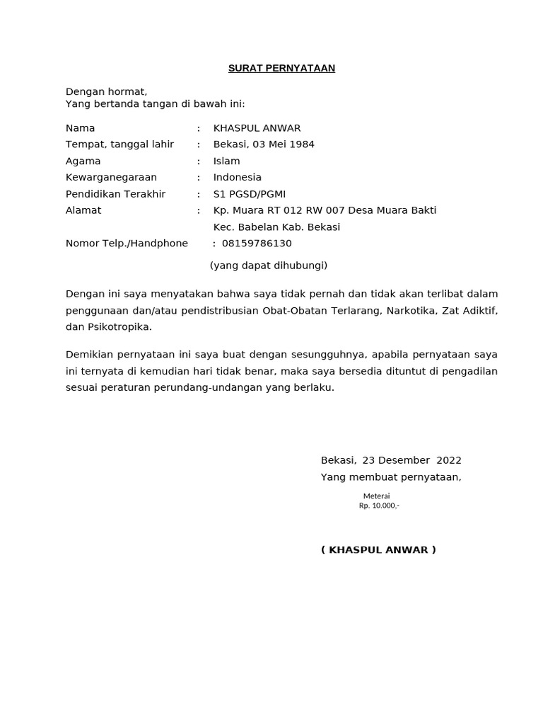 Contoh Surat Pernyataan Bebas Narkoba CPPPK | PDF