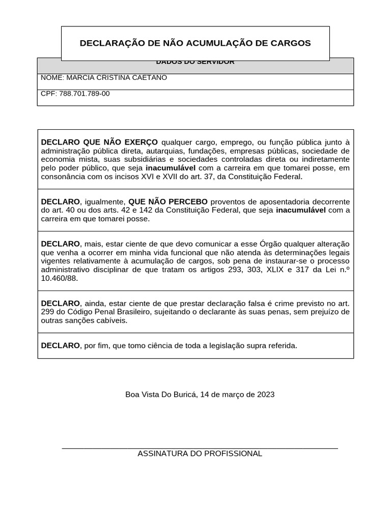 Declaração de Não Acumulação de Cargos | PDF