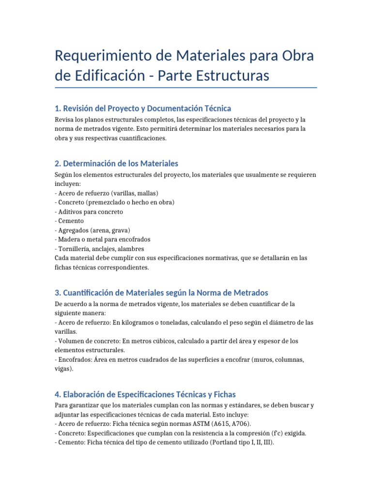 Requerimiento de Materiales Obra Estructuras | PDF | Hormigón | Sector secundario de la economía