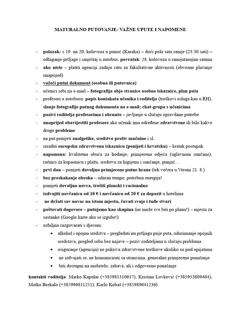 Maturalno Putovanje - Važne Upute I Napomene | PDF