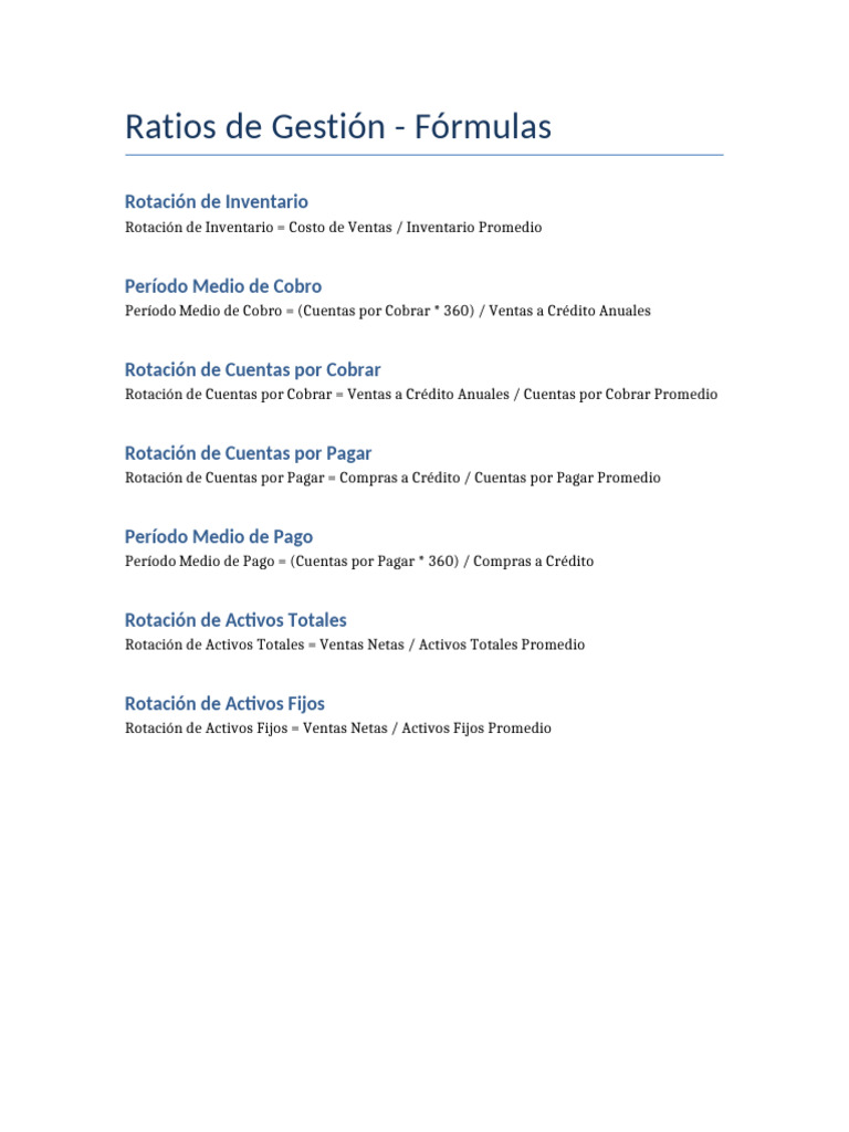Ratios de Gestion Formulas | PDF