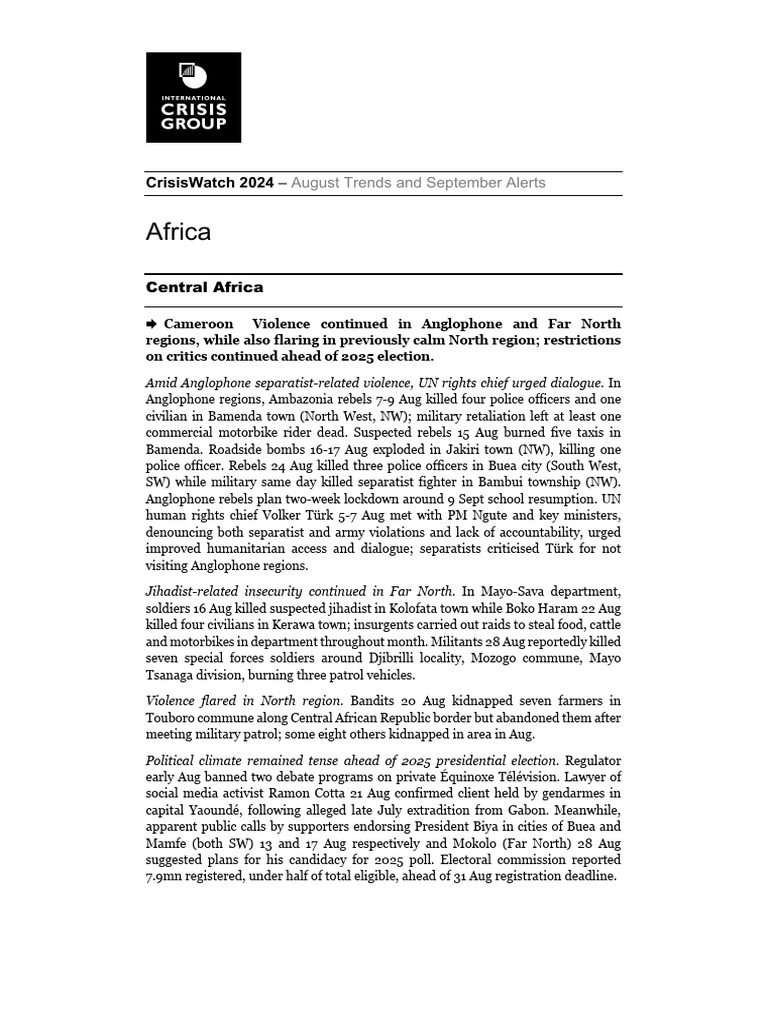 Crisiswatch August 2024 Africa | PDF | Democratic Republic Of The Congo
