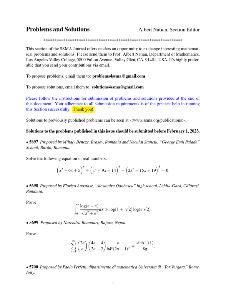 2022-10-Problems-Solutions-SSMJ-### 5697-5702 | PDF | Mathematical Objects | Functions And Mappings