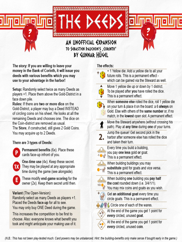 Corinth Deeds Expansion | PDF | Dice | Gaming Devices