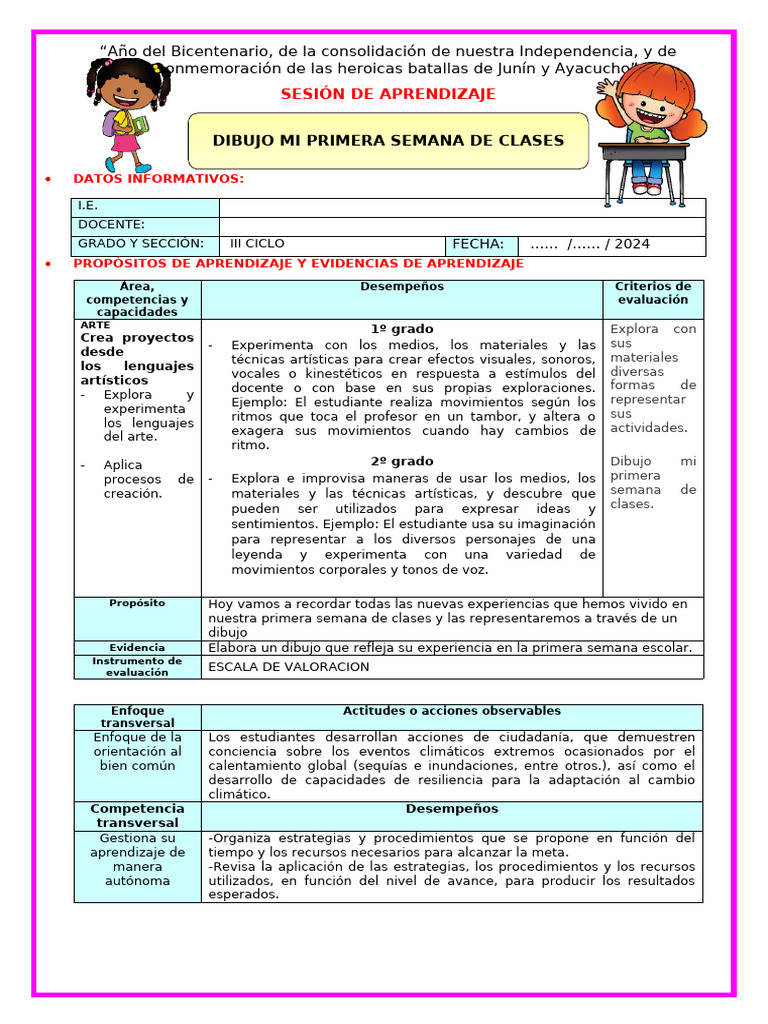 Dibujo de la Primera Semana Escolar | PDF | Aprendizaje