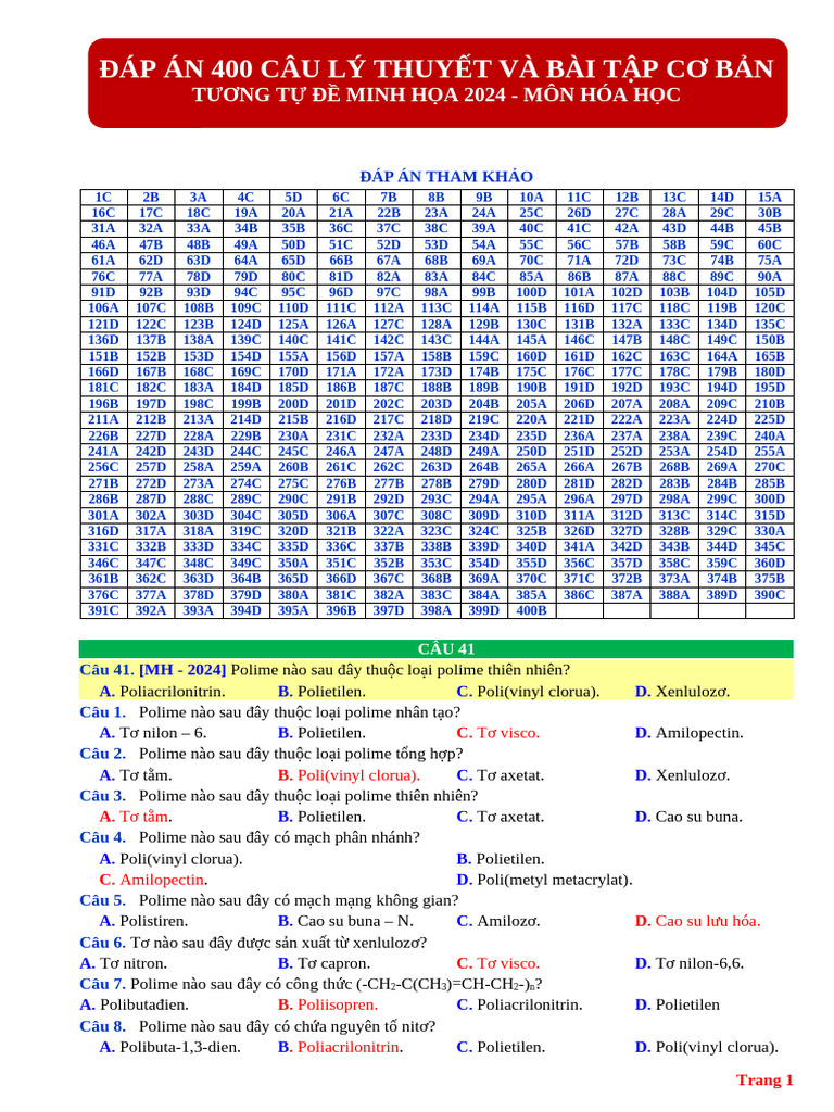400 Cau Co Ban Bam Sat MH 2024. - Dap An | PDF