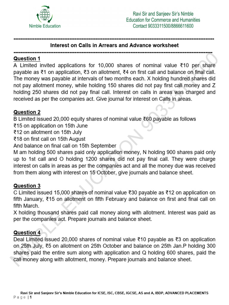 Interest on Calls in Arrears Worksheet | PDF