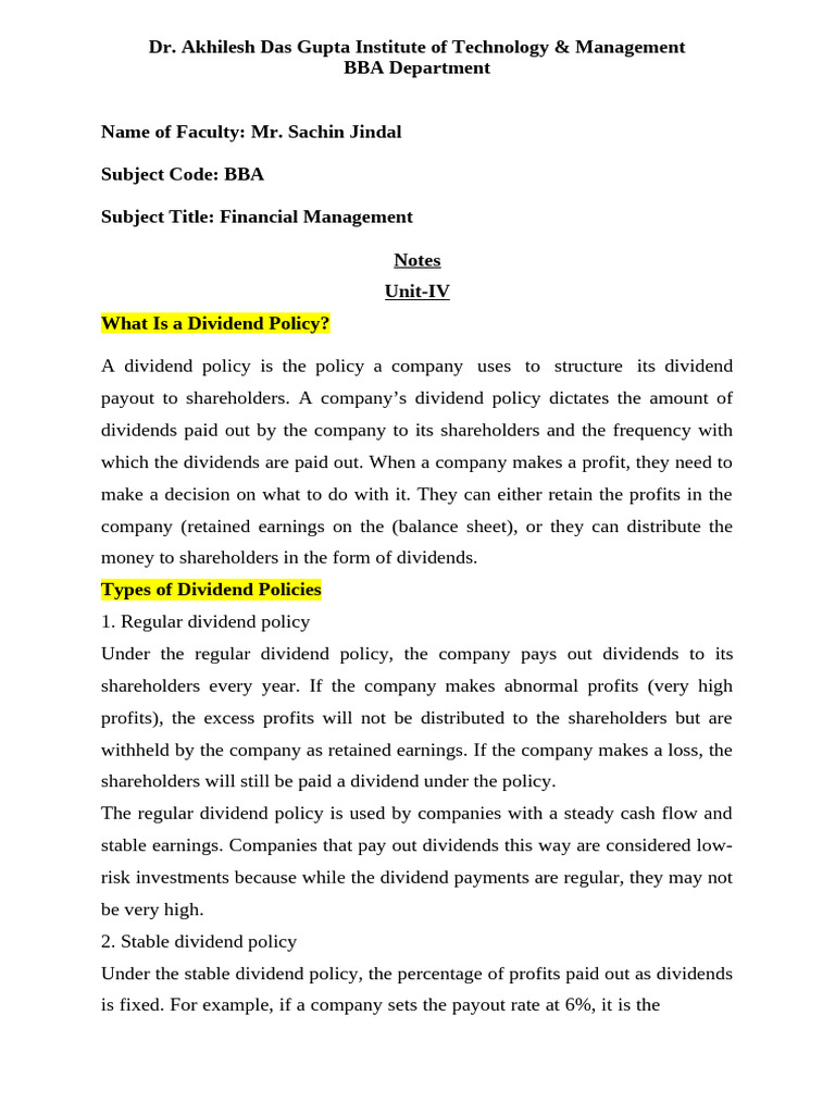 Fm Unit 4 Notes Pdf Dividend Working Capital