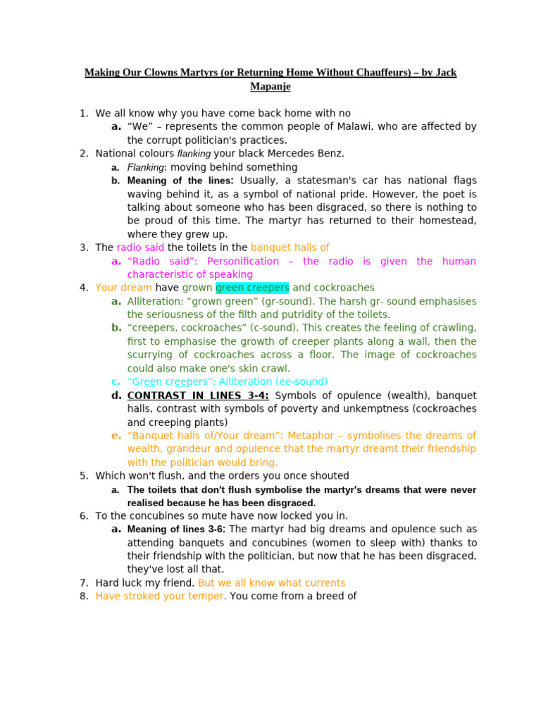 Analysis of Jack Mapanje's "Making Our Clowns" | PDF