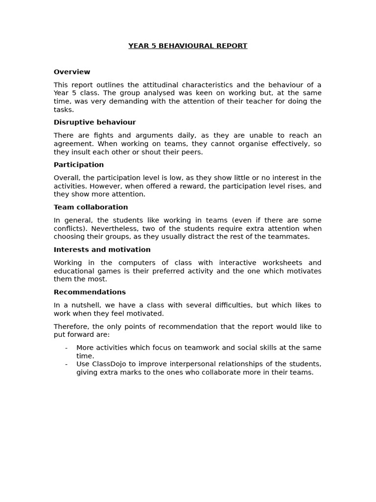 Year 5 Behavioural Report | PDF | Career & Growth | Self-Improvement