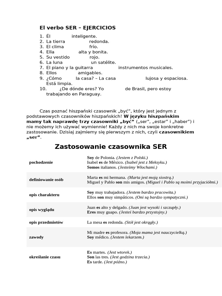 Zastosowanie Czasownika SER: El Verbo Ser - Ejercicios | PDF