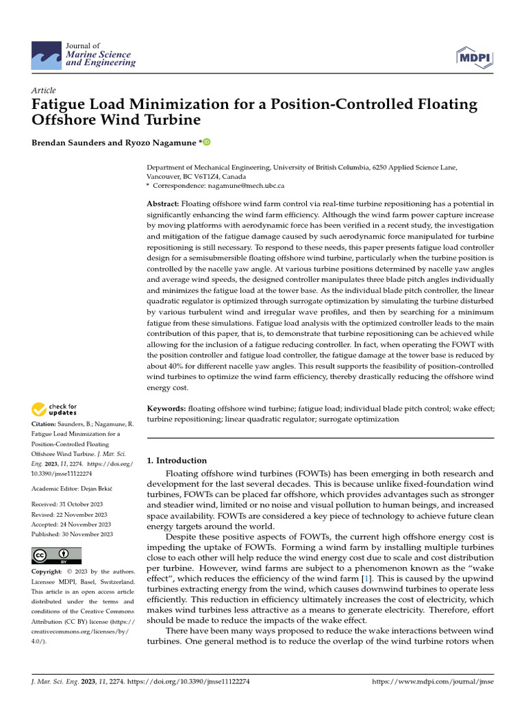 Fatigue Load Minimization For A Position-Controlled Floating Offshore Wind Turbine | PDF | Wind ...