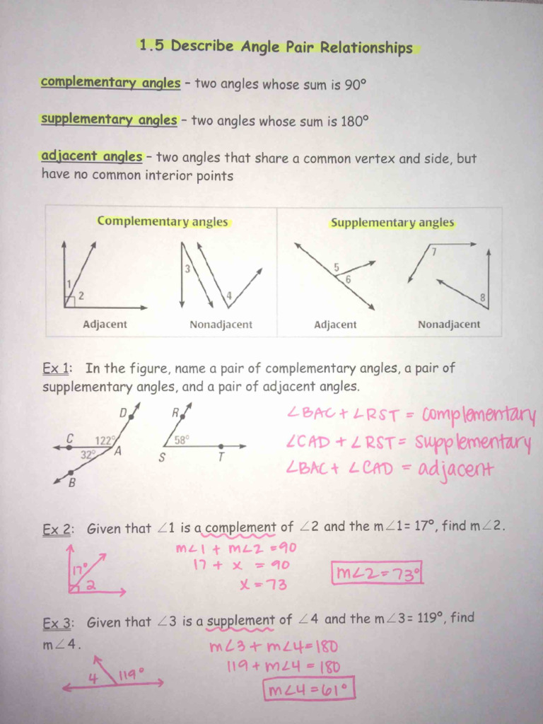 1.5 Describe Angle Pair Relationships Notes | PDF