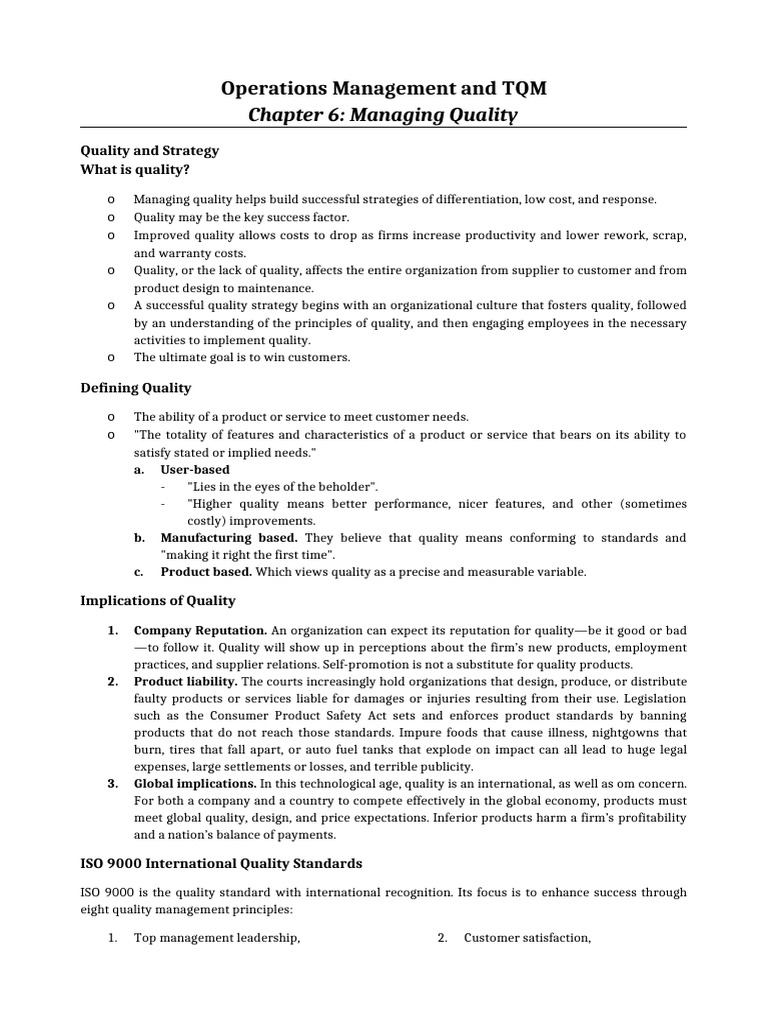 Chapter 6. Managing Quality | PDF | Quality Management | Quality (Business)