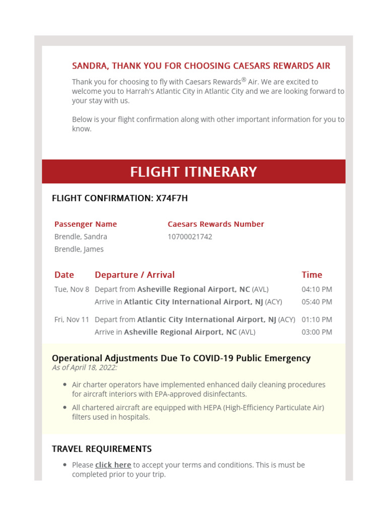 Reservation Confirmation X74F7H From Caesars Rewards Air Sep 2 To ...