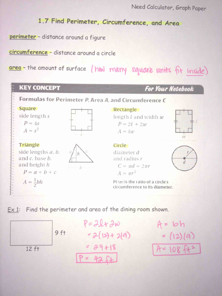 1.7 Find Perimeter Circumference Area Notes | PDF