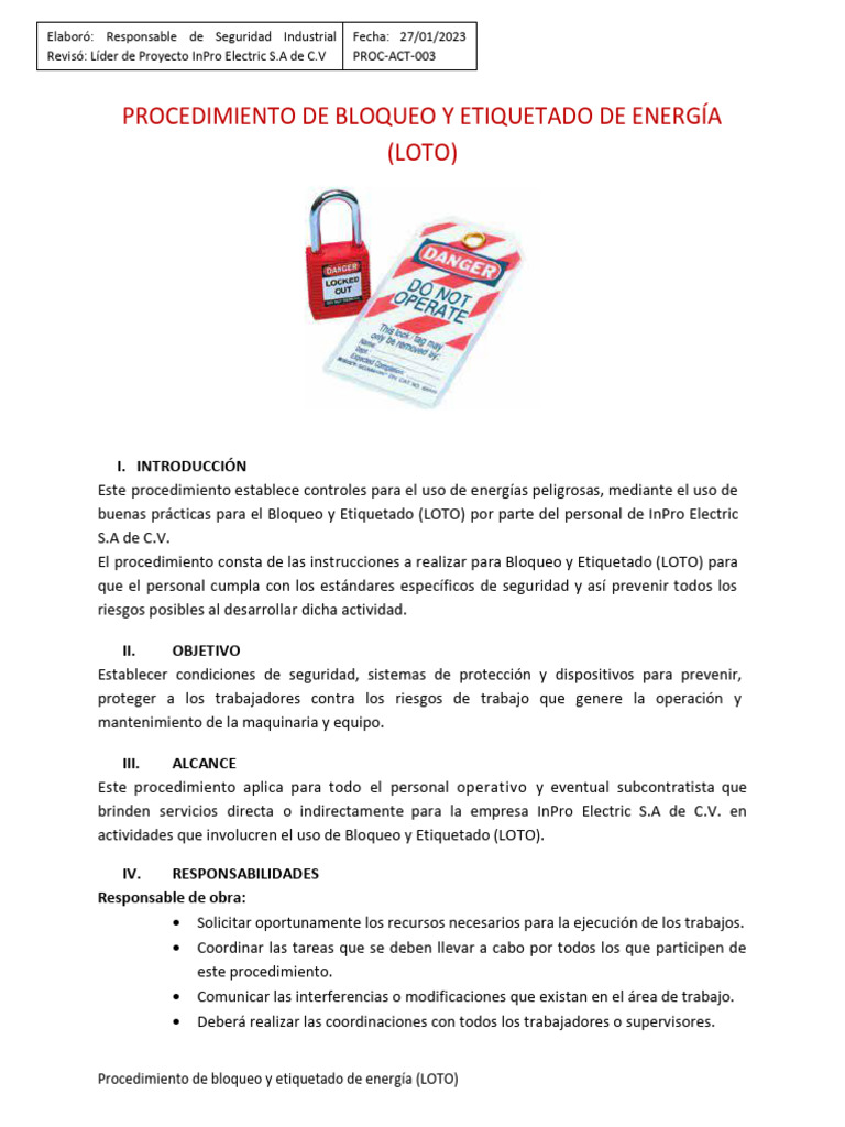 Procedimiento de Bloqueo y Etiquetado de Energía (LOTO) (2) | PDF | Ingenieria Eléctrica