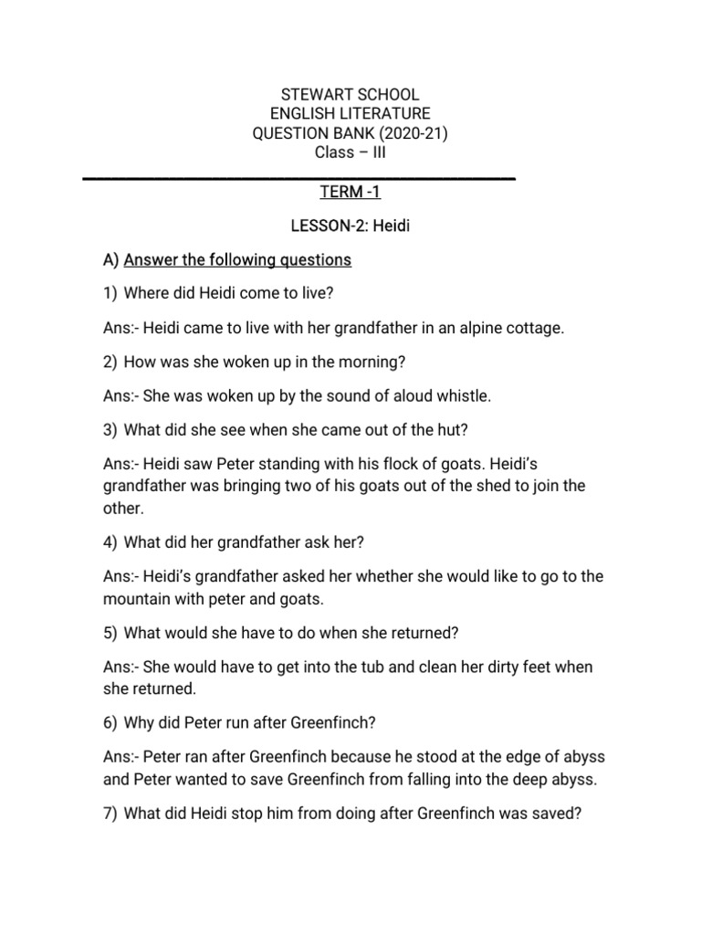Class 3 English Literature Question Bank 2020 2021 | PDF