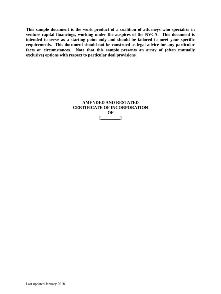 Updated NVCA Certificate of Incorporation Customized | PDF | Preferred ...