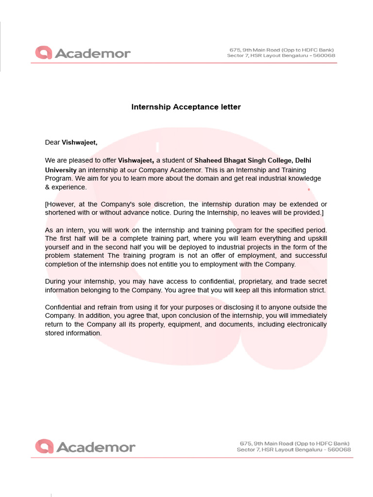 Vishwajeet Internship Acceptance Letter | PDF