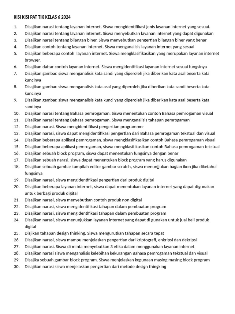 Kisi Kisi Pat Tik Kelas 6 2024 | PDF