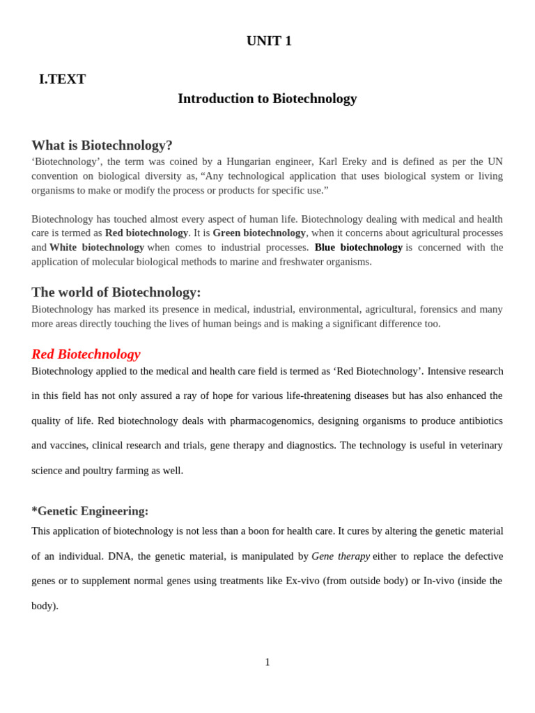 Unit 1-Introduction to Biotechnology | PDF | Biotechnology | Genetic ...