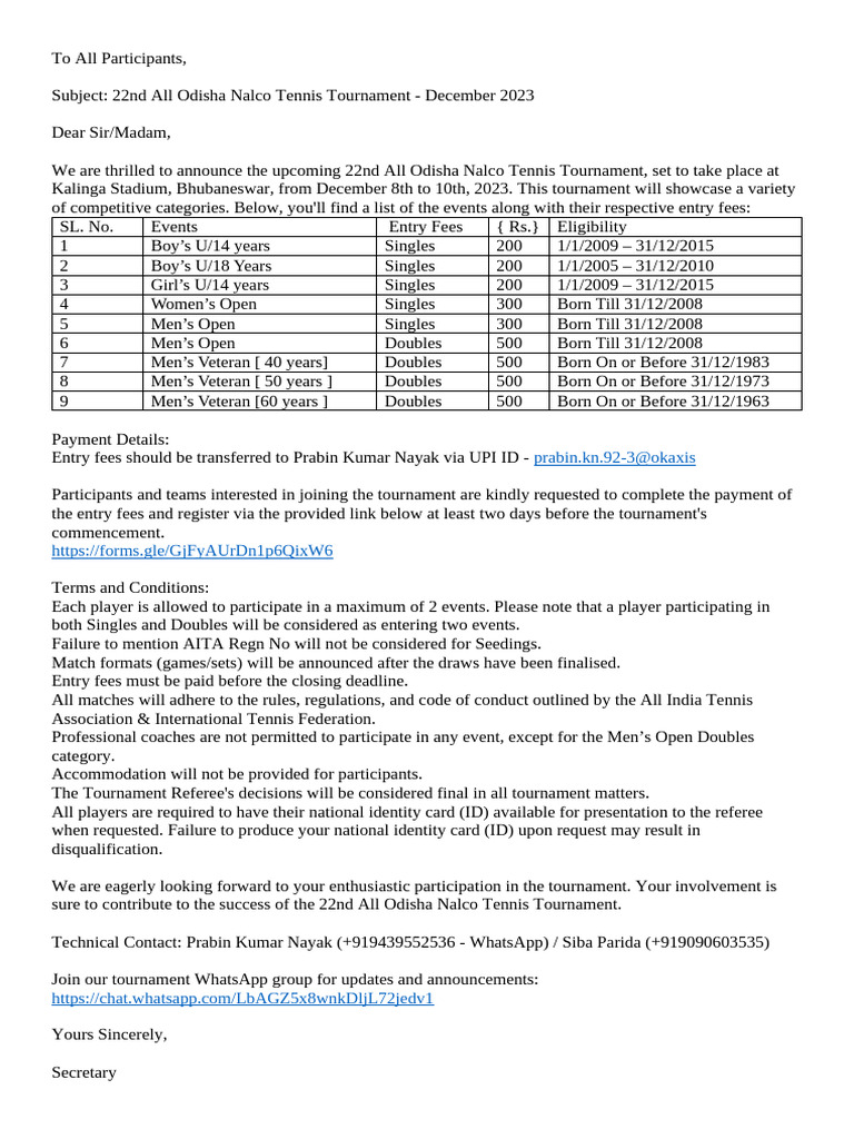 22nd Nalco Open Participation Letter | PDF | Sports