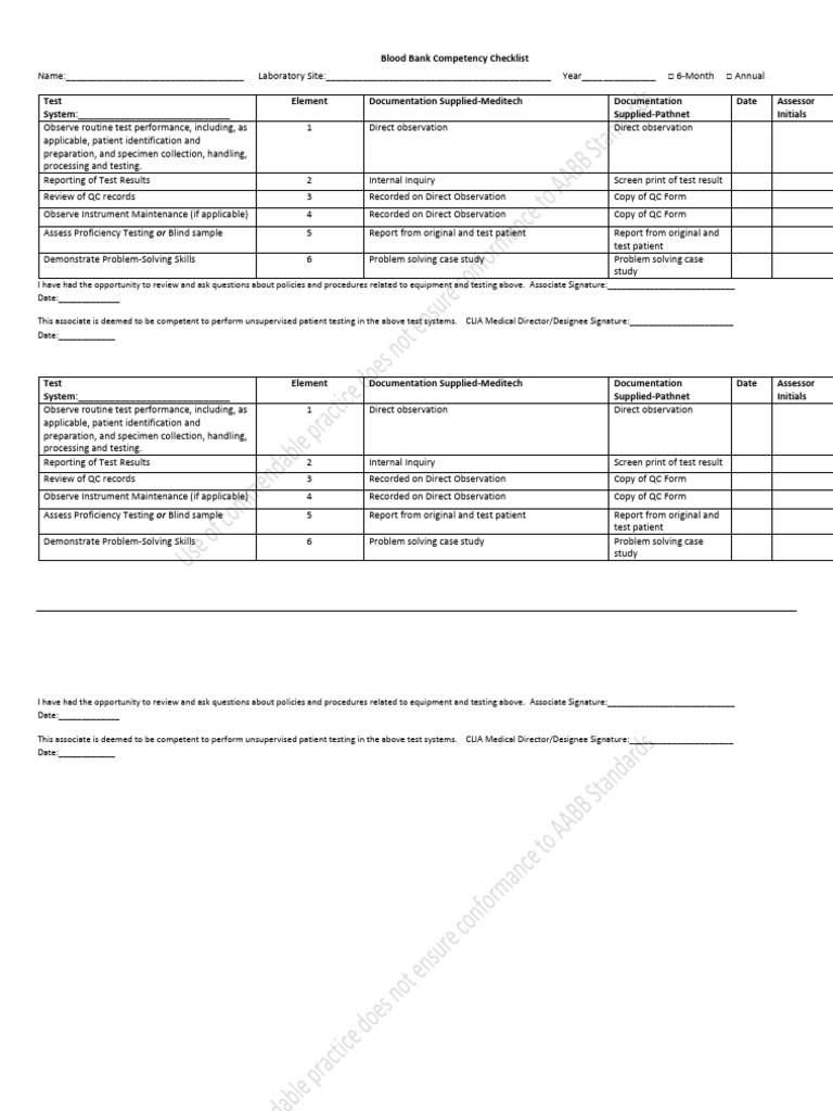 Blood Bank Competency Checklist | PDF | Medicine | Clinical Medicine