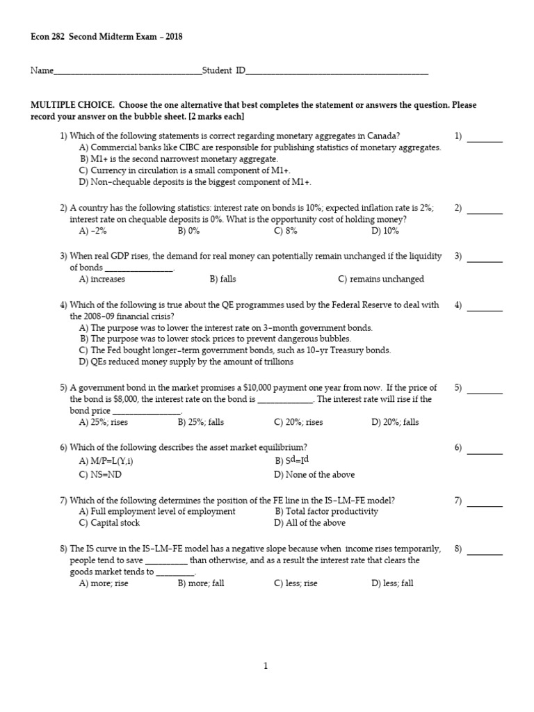 Econ 282 Midterm Exam 2018 | PDF | Interest | Economic Equilibrium
