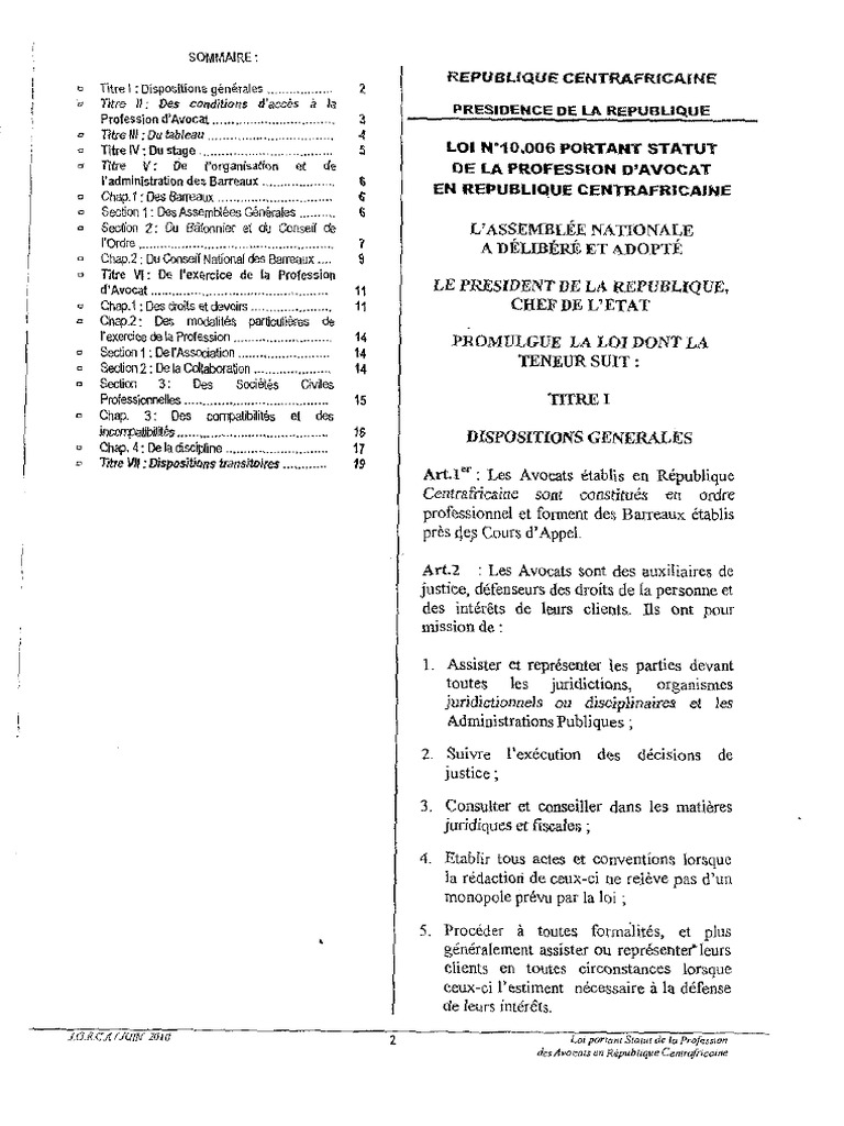 15 Loi Portant statuts de la profession des Avocats en RCA | PDF