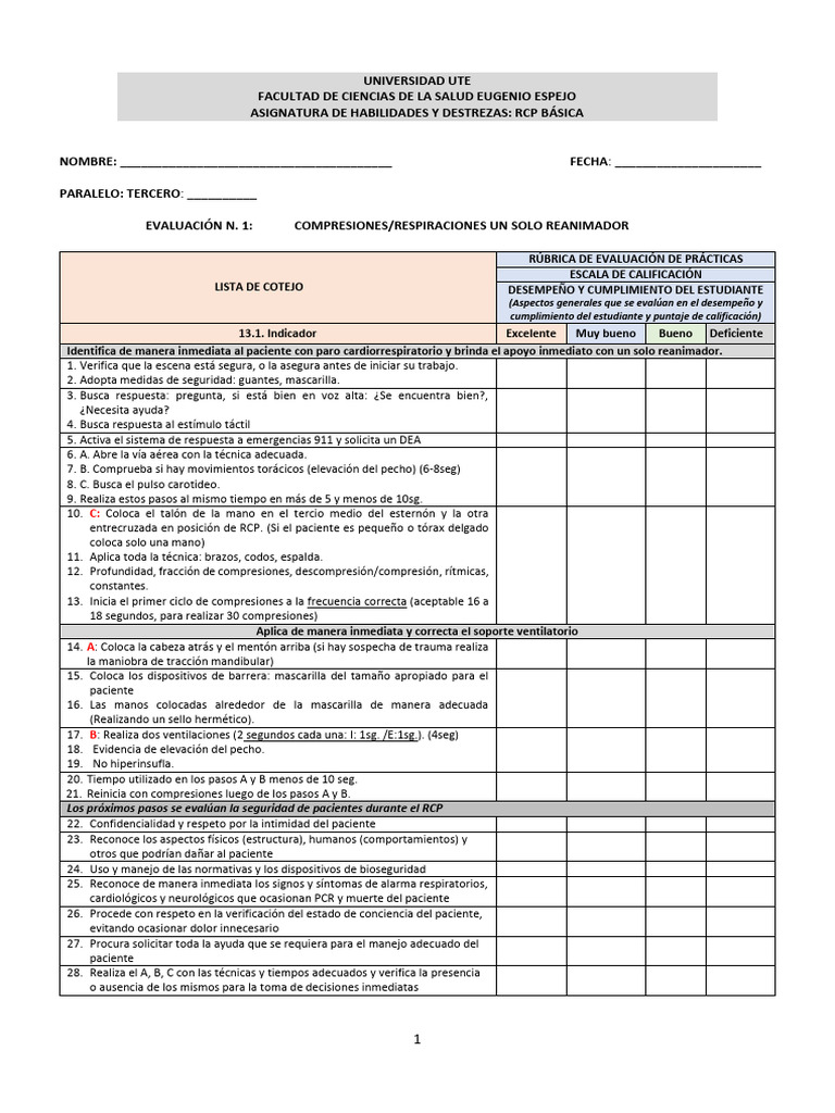 Rubrica Eval 1. 2024 | PDF | Reanimación cardiopulmonar | Medicina CLINICA