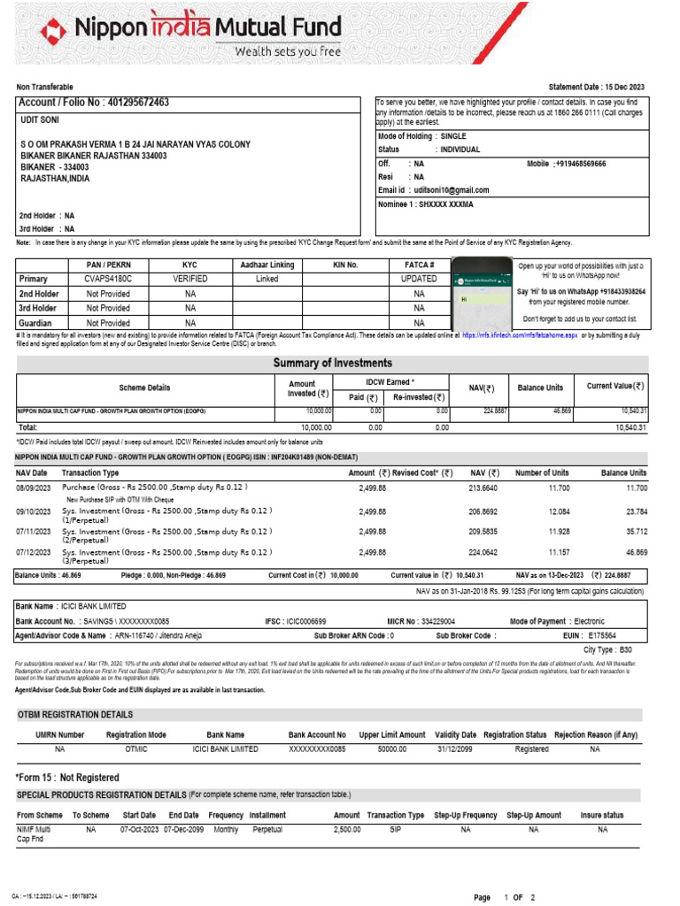 Account / Folio No: 401295672463: Summary of Investments | PDF | Cheque ...