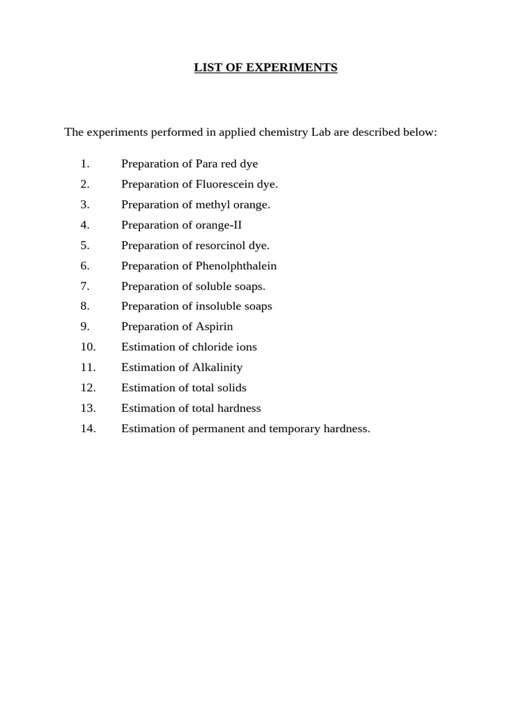 List of Experiments Applied Chemistry | PDF | Technology & Engineering