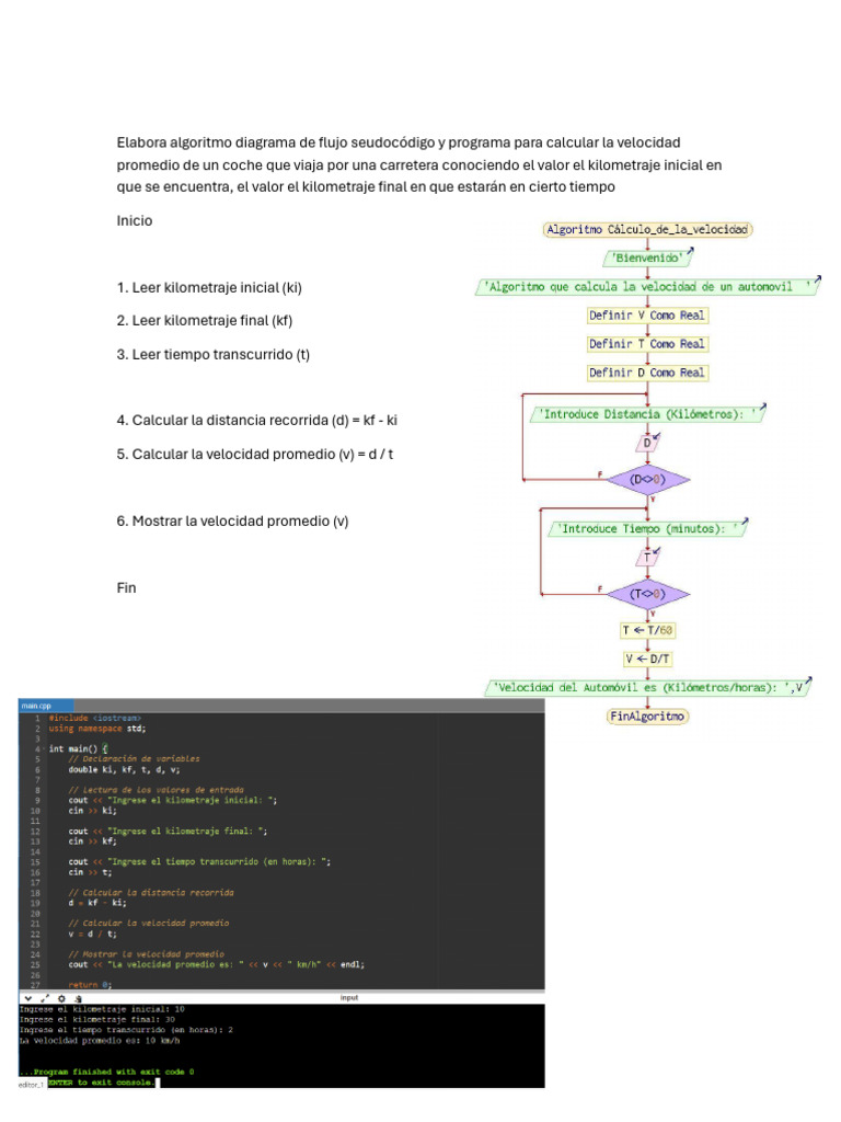 Elabora Algoritmo Diagrama de Flujo Seudocódigo y Programa para Calcular La Velocidad Promedio ...