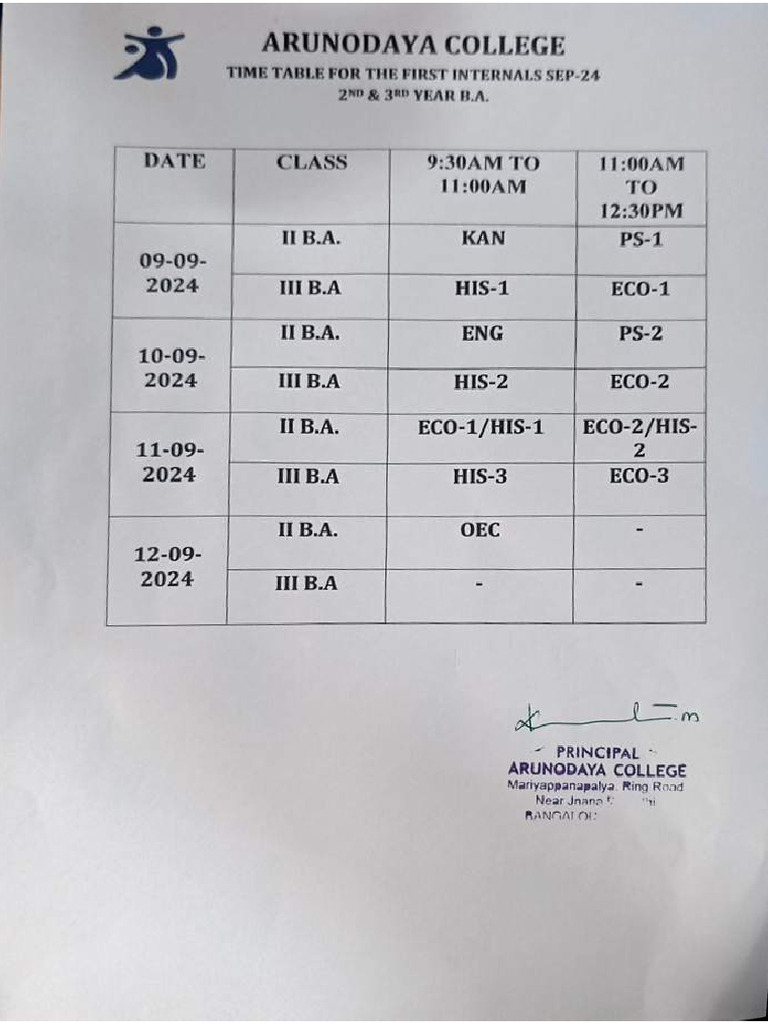 BA 1st Internal Timetable | PDF