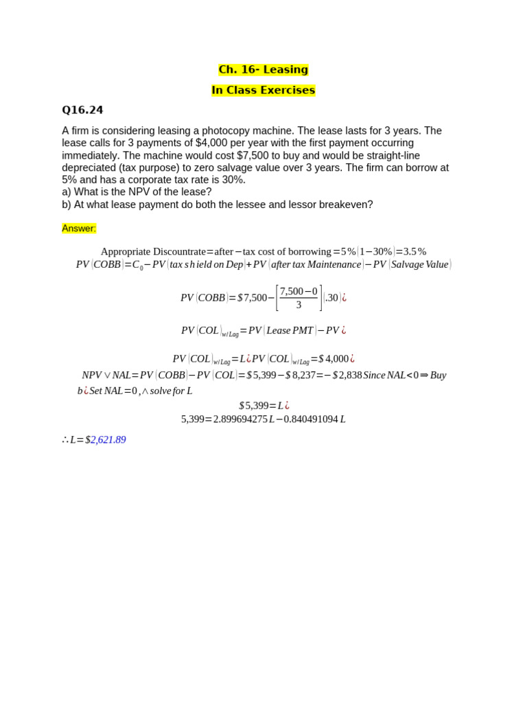 Ch. 16 - Leasing - in Class Exercises | PDF | Teaching Methods & Materials