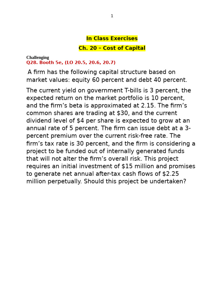 Ch.20 - Cost of Capital - in Class Exercises - Booth 5e-Updated | PDF ...